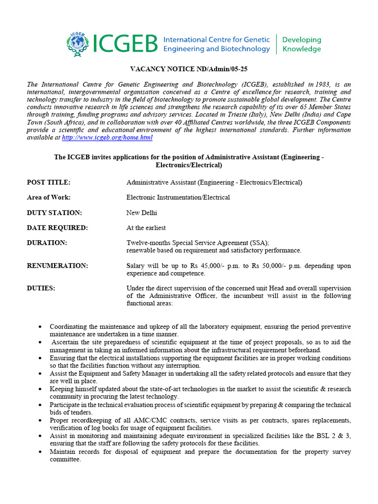 VACANCY Notice Administrative Assistant For Engineering ...