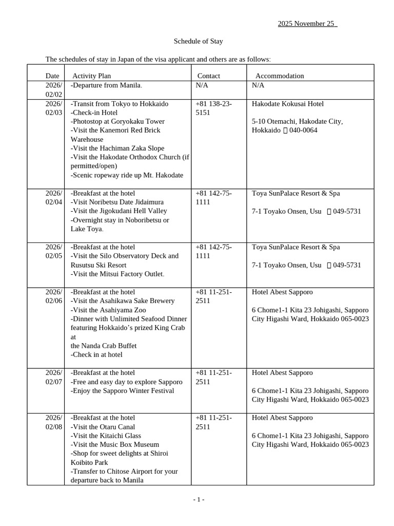 Sample Schedule of Stay Hokkaido - 083510 | PDF | Hospitality Industry