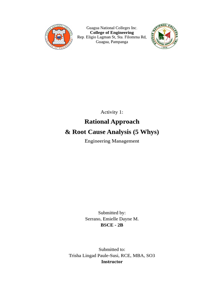 Rational Approach & Root Cause Analysis (5 Whys) : Activity 1 | PDF