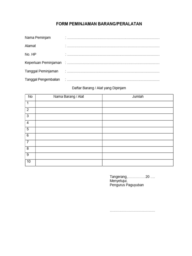 Formulir Peminjaman Barang Peralatan | PDF