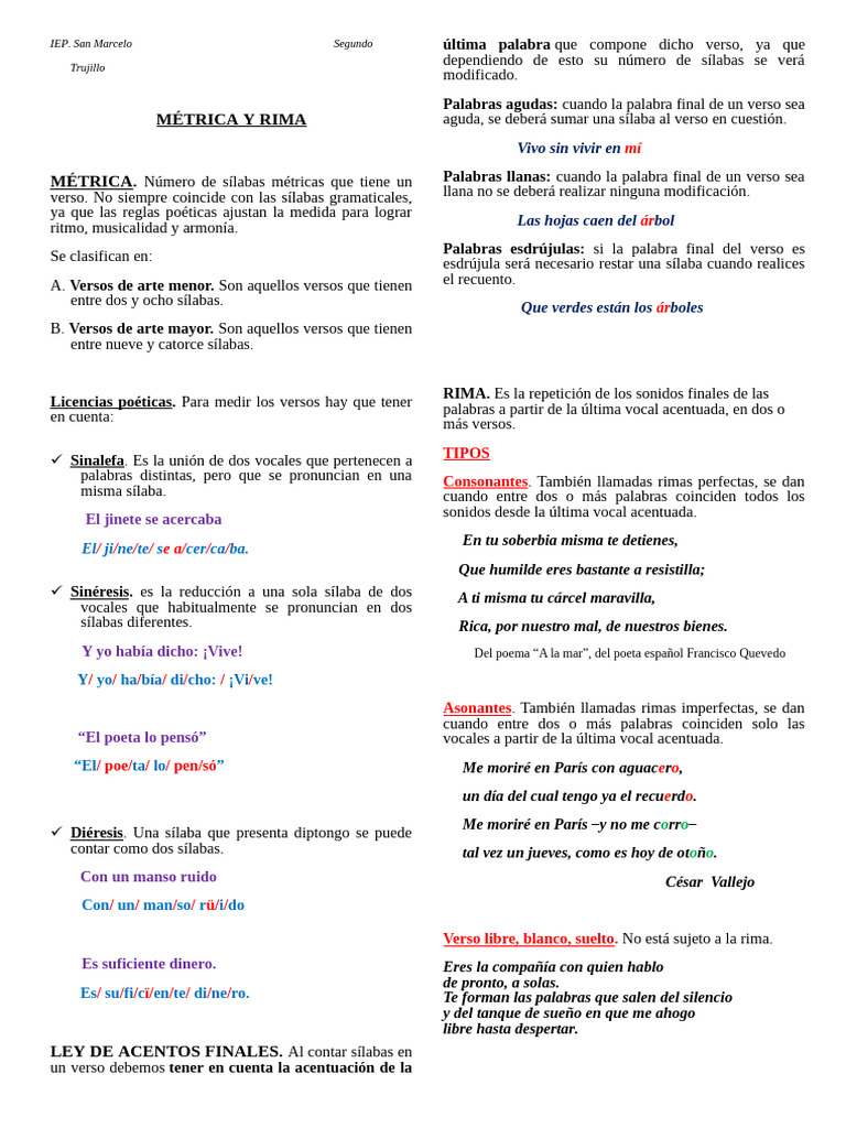 Métrica y Rima - Teoría - 2° | PDF | Sílaba | Metro (poesía)