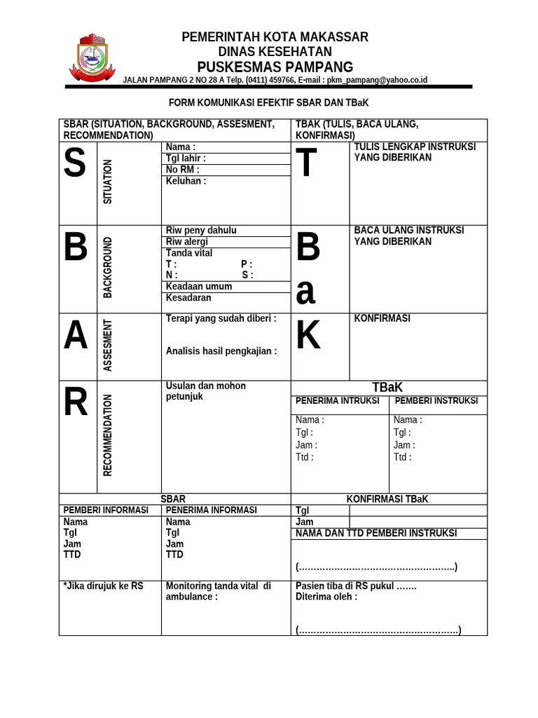 Formulir Komunikasi Efektif SBAR TBaK | PDF