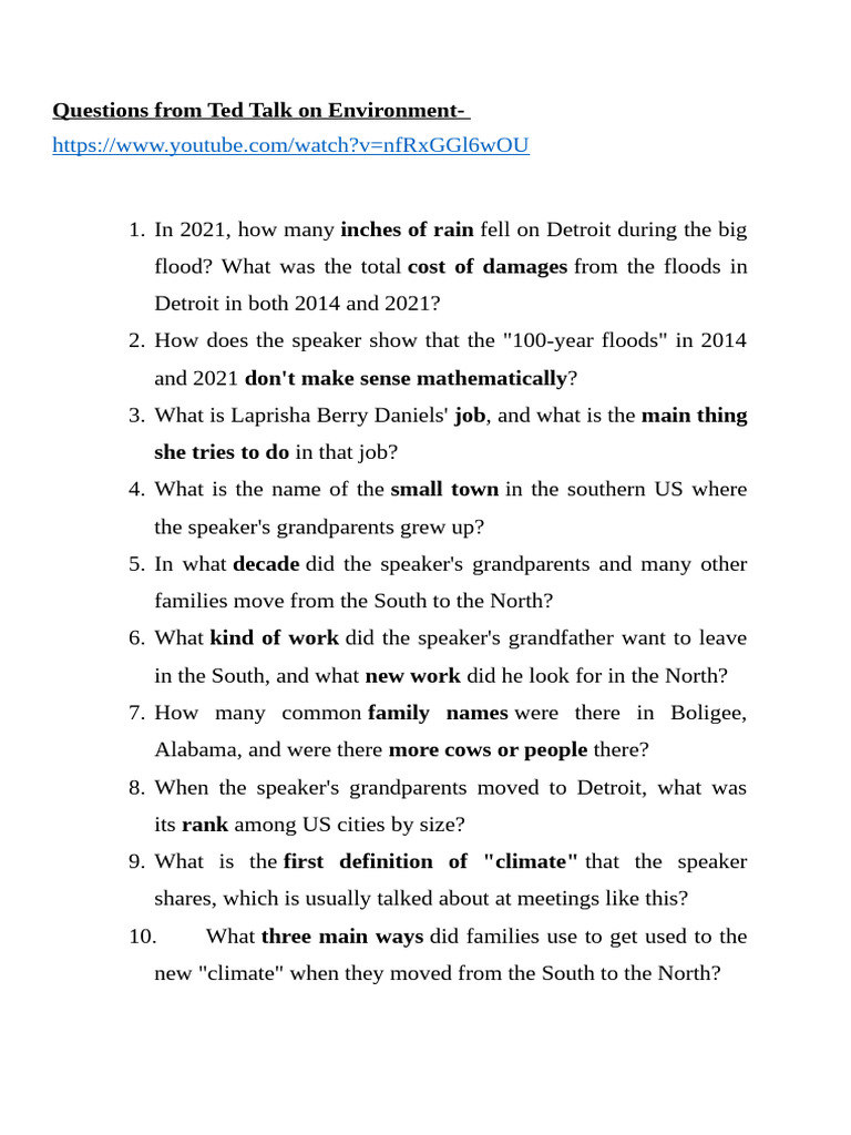 Ted Talk Questions on Climate Change | PDF