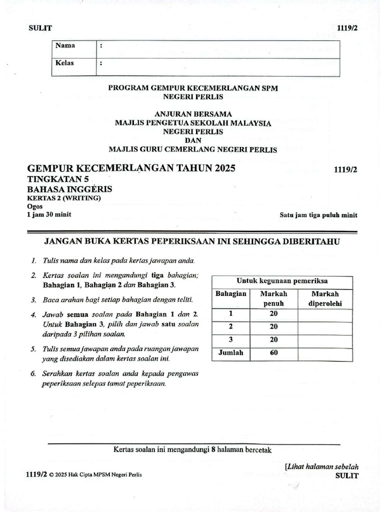 Perlis Trial 2025 P2 - Writing | PDF