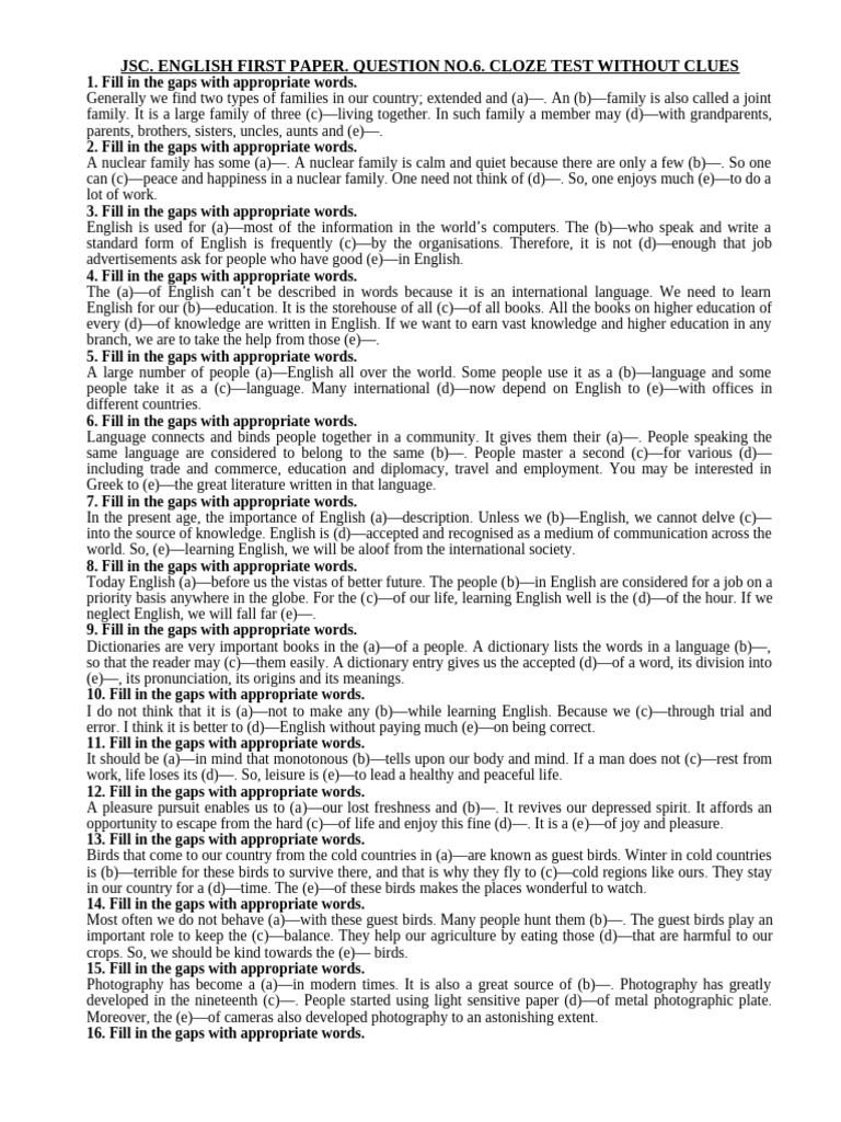 Cloze Test: English Language Skills | PDF | Natural Environment ...