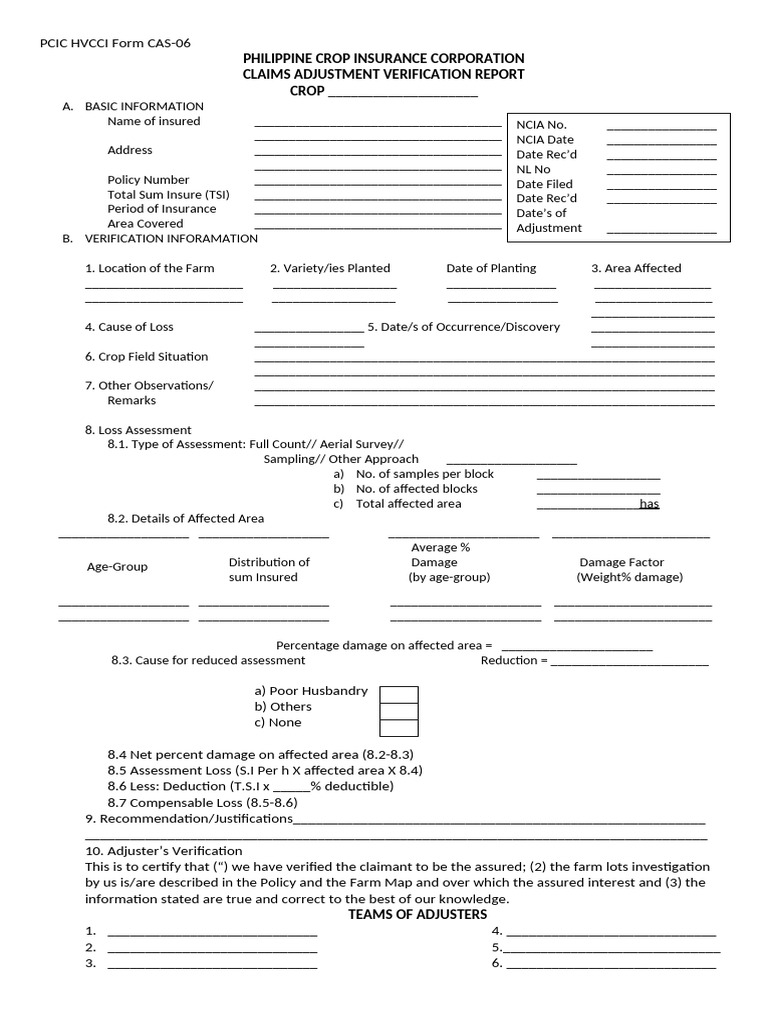PCIC HVCCI Form CAS-06 CLAIMS ADJUSTMENTS VERIFICATION REPORT12 | PDF ...