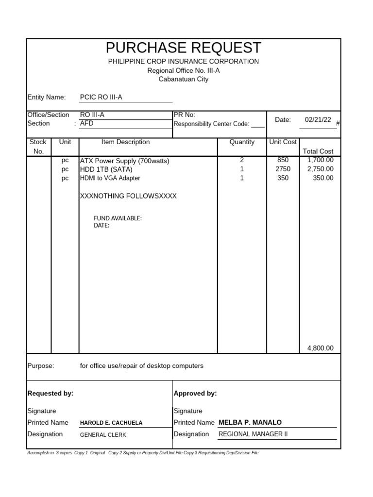 PCIC Purchase Requests for Office Equipment | PDF | Classes Of ...