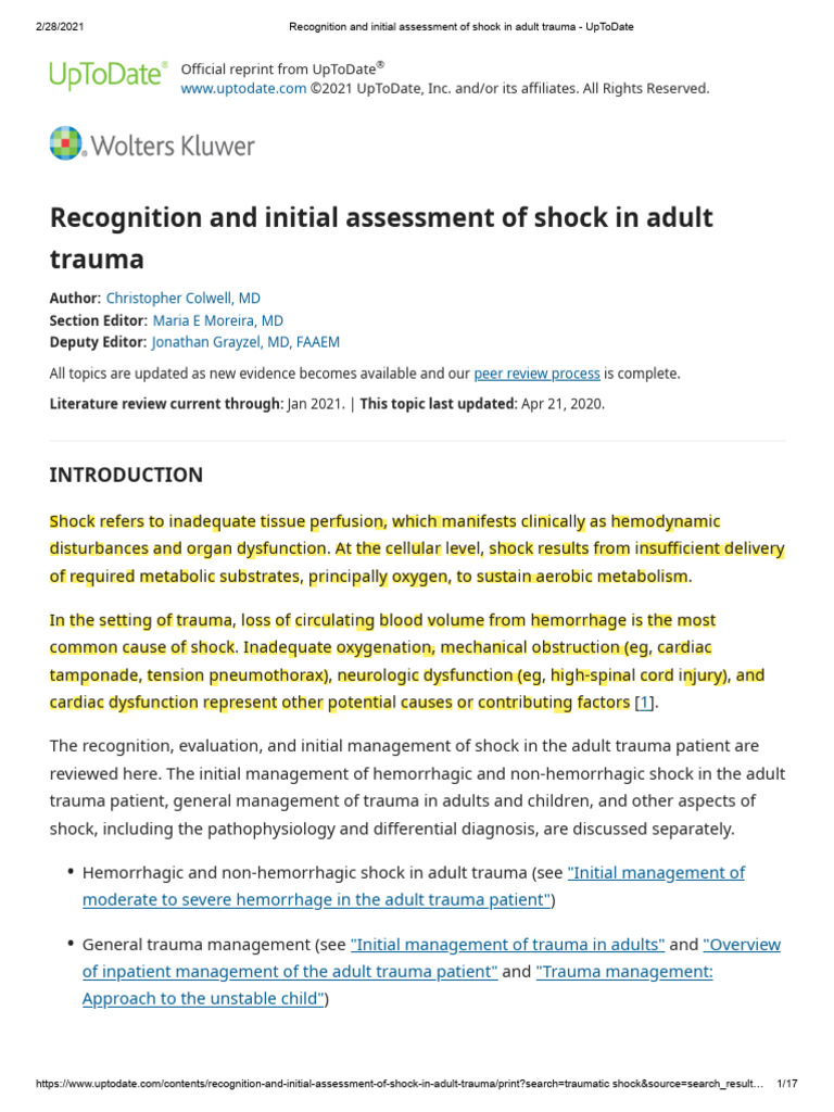 Recognition and Initial Assessment of Shock in Adult Trauma | PDF ...