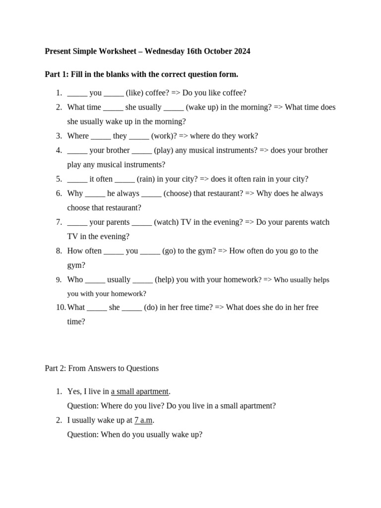 Present Simple Worksheet | PDF