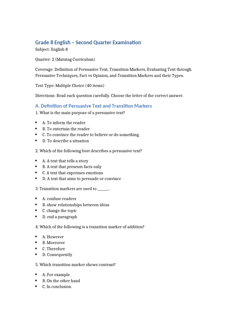 Grade 8 English Exam: Persuasion Techniques | PDF | Truth | Multiple Choice