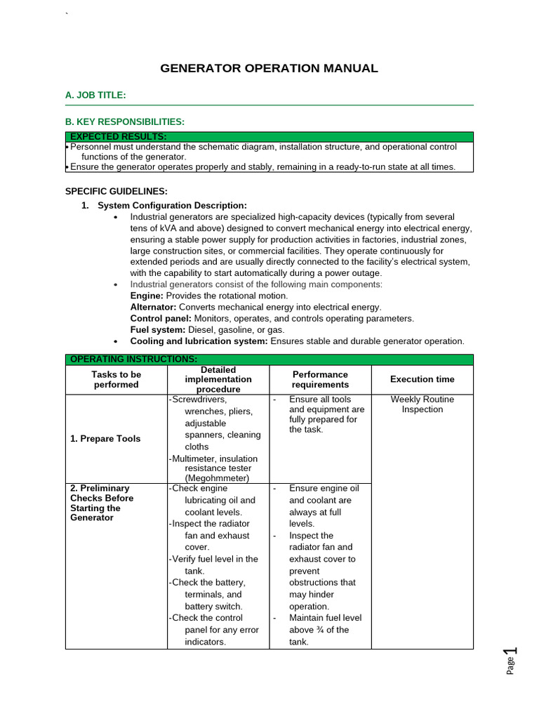 Industrial Generator Operation Manual | PDF | Electric Generator | Engines