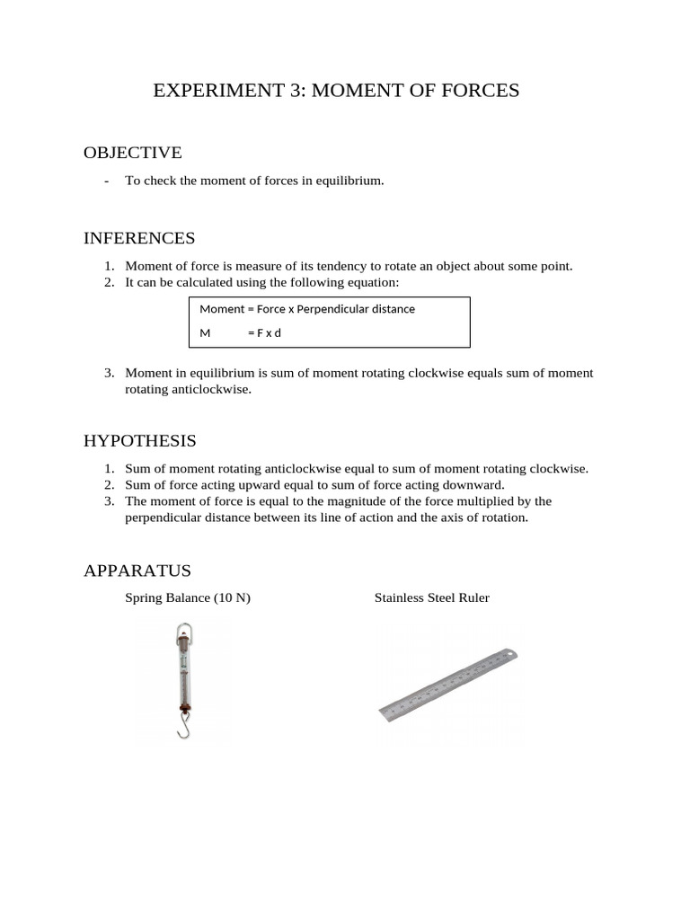 Moment of Forces in Equilibrium Experiment | PDF