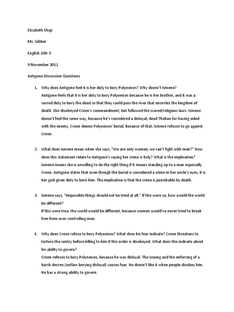 Antigone Discussion Questions | PDF | Punishments | Violence