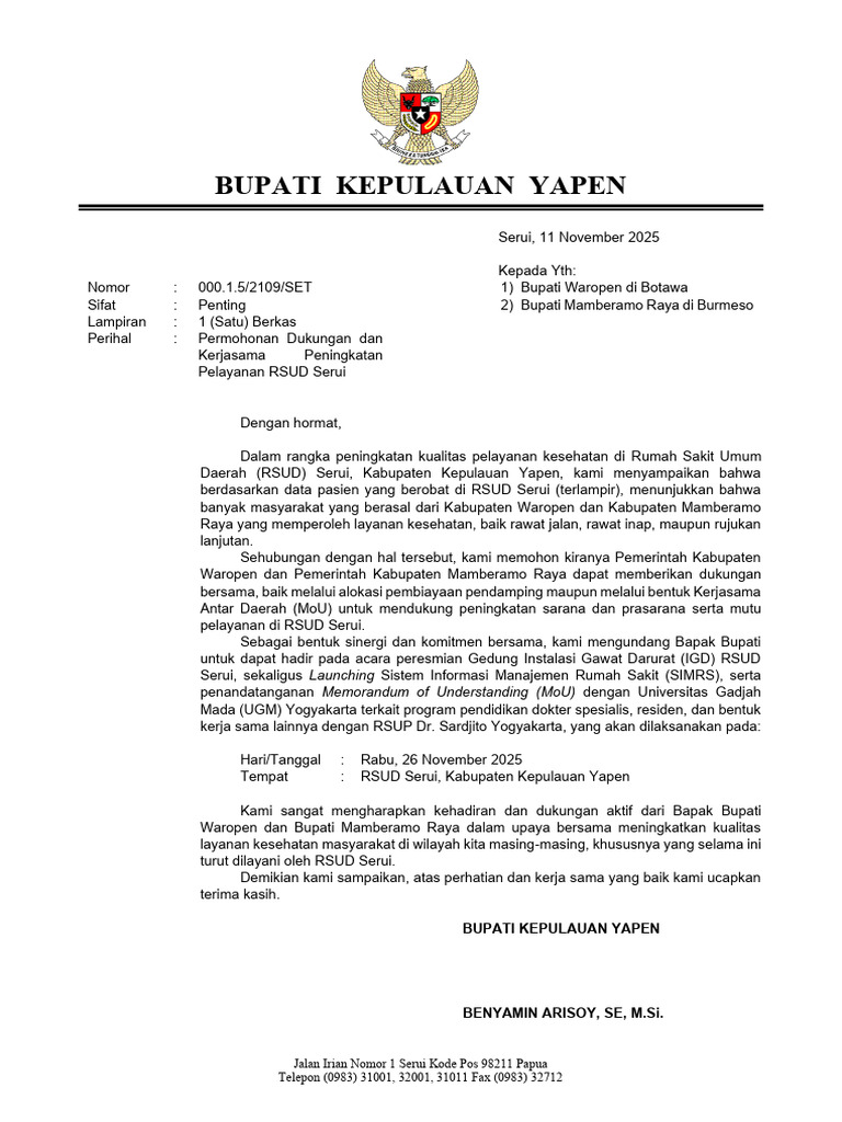 Surat Bupati Yapen Ke Bupati Waropen & Mamberamo Raya - Permohonan ...