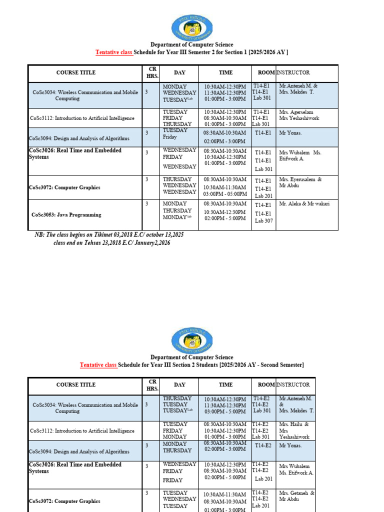 Class Schedule For Year III Sem 2 2015 Entry | PDF | Computing ...