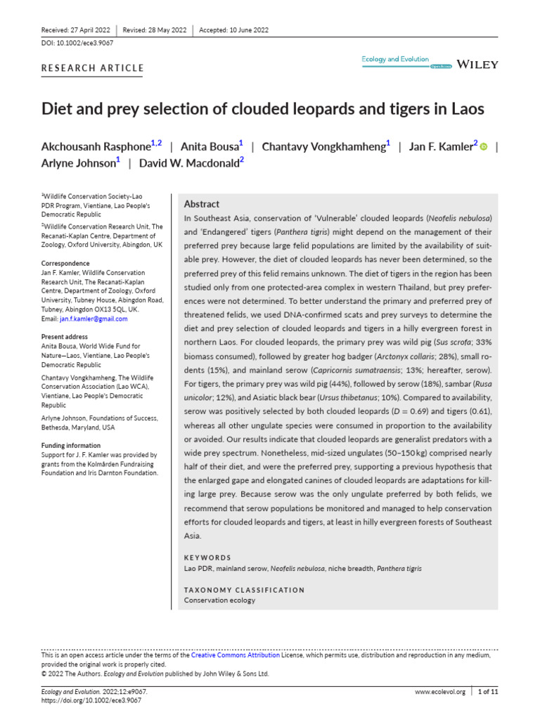 Diet and Prey Selection of Clouded Leopards and Ti | PDF | Tiger | Leopard