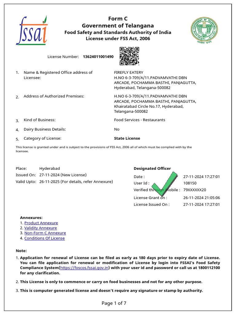 Form C Government of Telangana: Food Safety and Standards Authority of ...