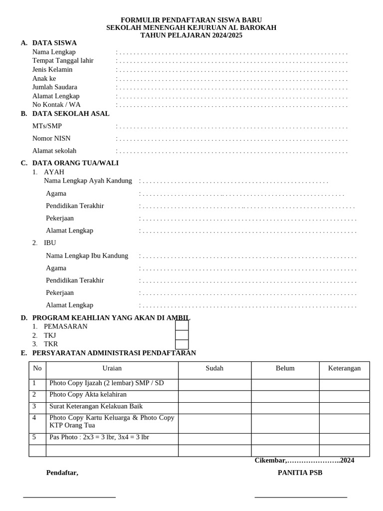 Formulir Pendaftaran Siswa Baru 2024-2025 | PDF