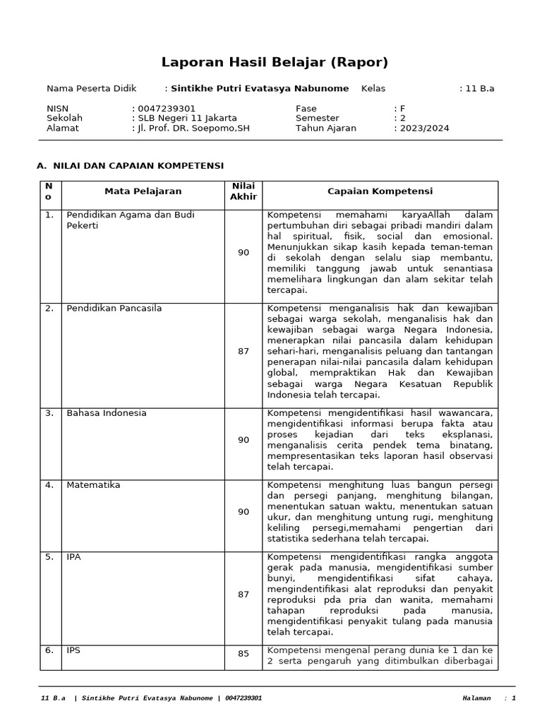 Format Rapot Kurikulum Merdeka | PDF