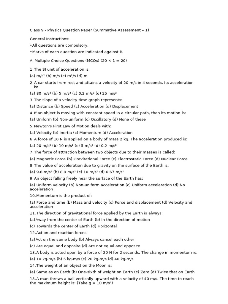 Class 9 Physics Question Paper SA1 | PDF | Force | Acceleration