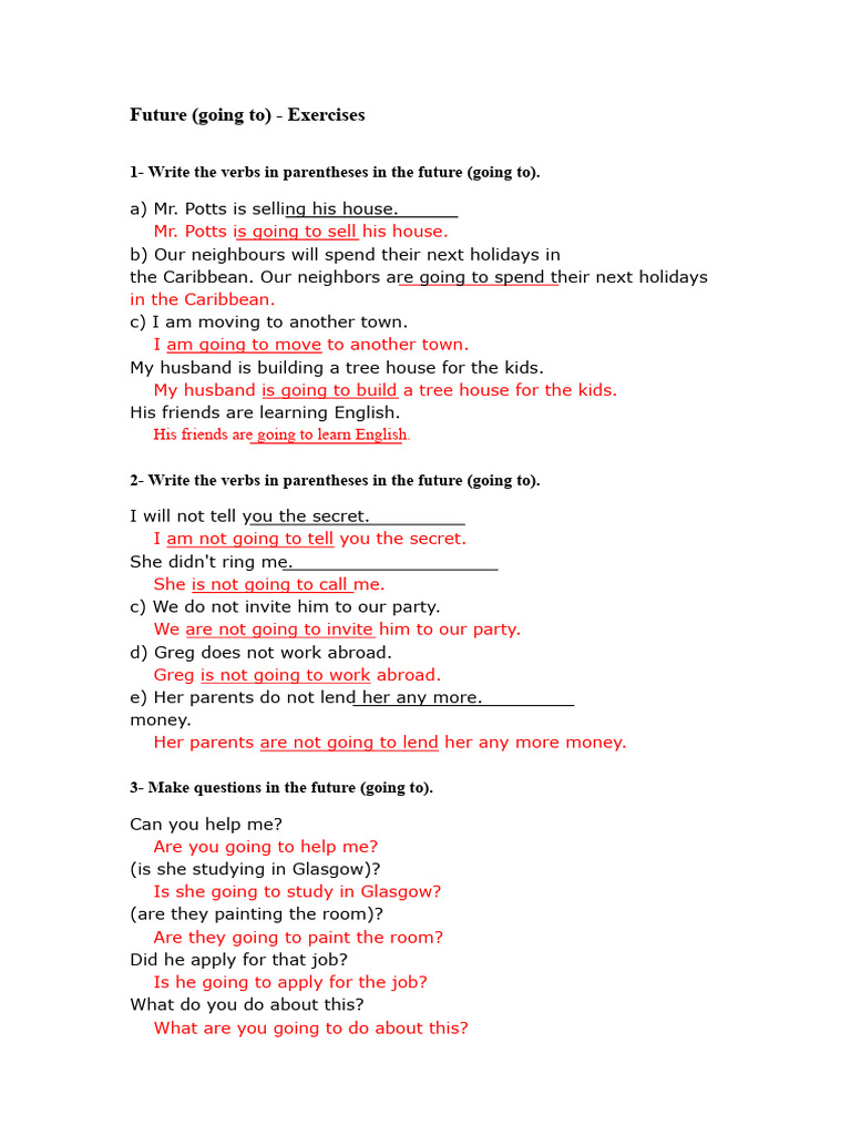 Future Tense (Going To) Exercises | PDF