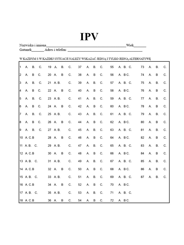 Arkusz odpowiedzi Ipv | PDF
