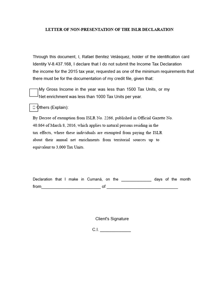 ISLR Declaration Non-Presentation Letter | PDF