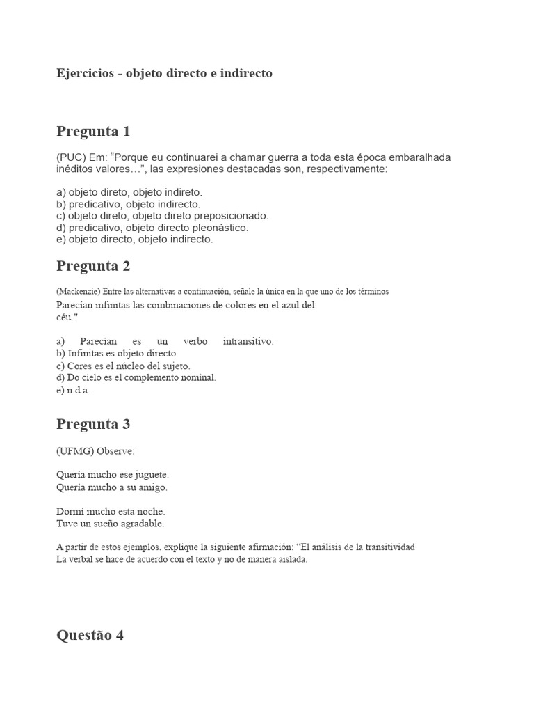 Ejercicios sobre Objeto Directo e Indirecto | PDF | Objeto (gramática ...