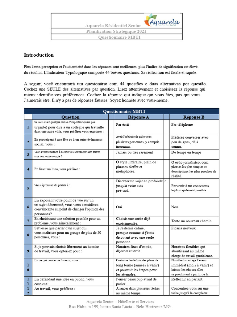 Questionnaire MBTI pour Seniors Aquarela | PDF