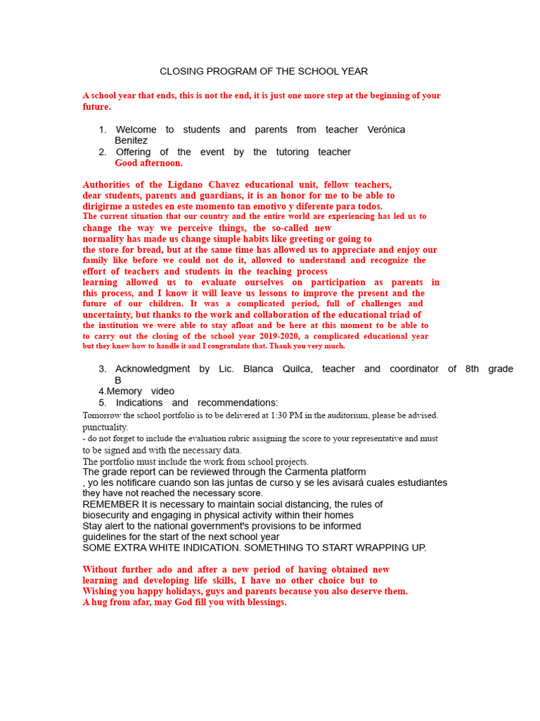Closing Program of The School Year | PDF | Teachers | Behavior Modification