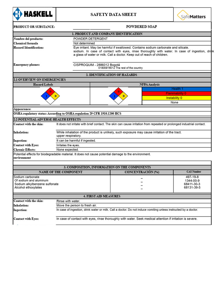 SAFETY DATA SHEET_POWDERED SOAP | PDF | Dangerous Goods | Chemistry