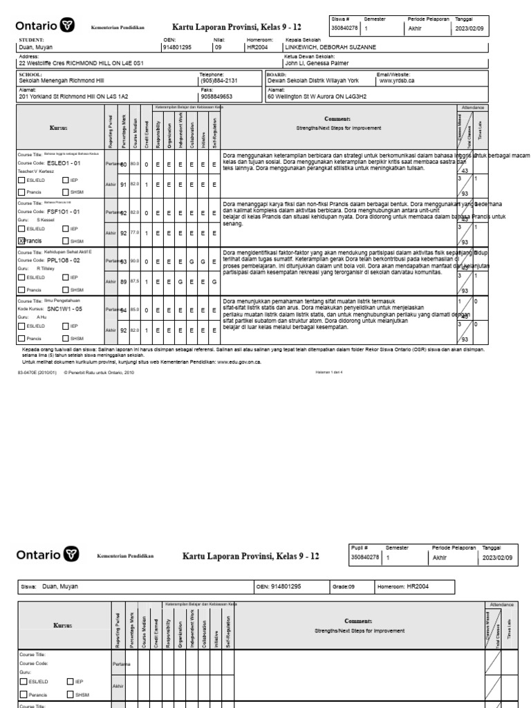 YRDSB Kartu Laporan Siswa Elektronik - Kartu Laporan Semester 1 Sekunder Februari 2023 914801295 ...