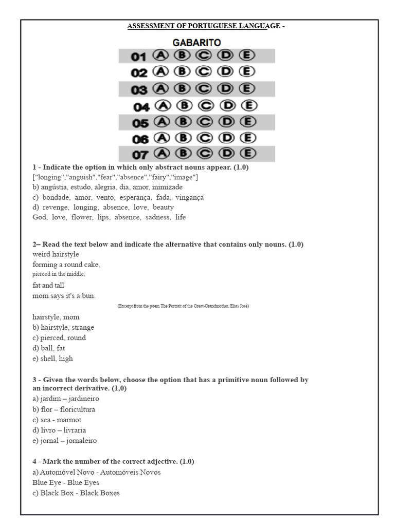 Evaluation of Portuguese Language - Nouns and Adjectives | PDF ...