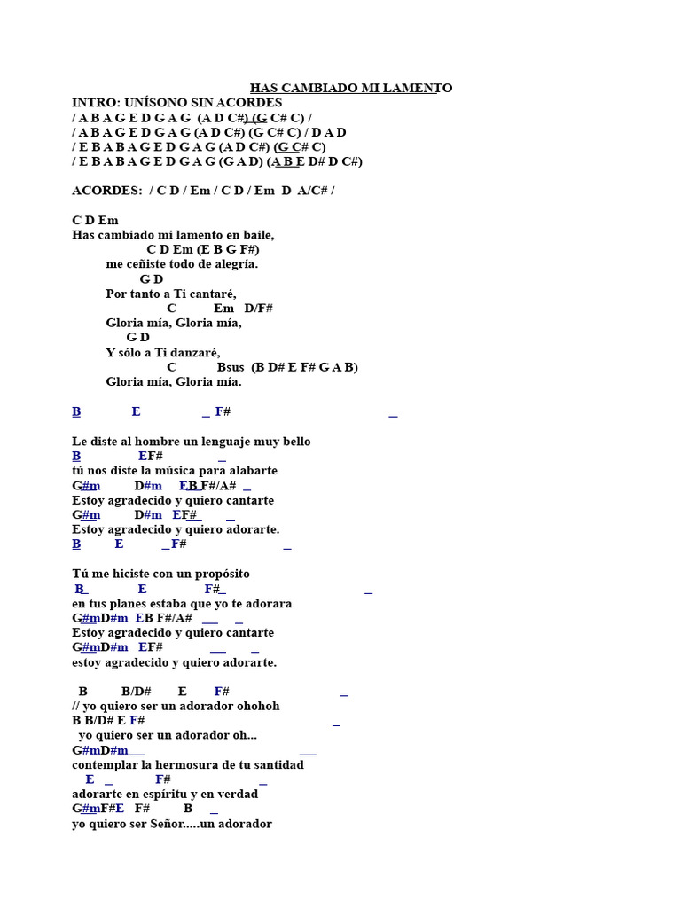 Acordes y letra de "Has Cambiado Mi Lamento" | PDF