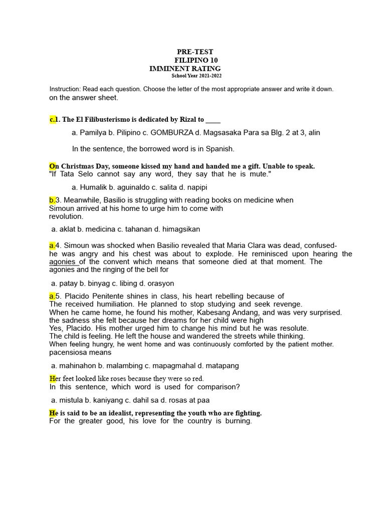 Filipino 10 Pre-Test: El Filibusterismo | PDF