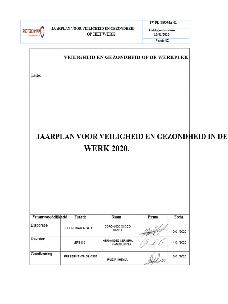 Jaarplan Voor Veiligheid en Gezondheid Op Het Werk 2020 Eind | PDF