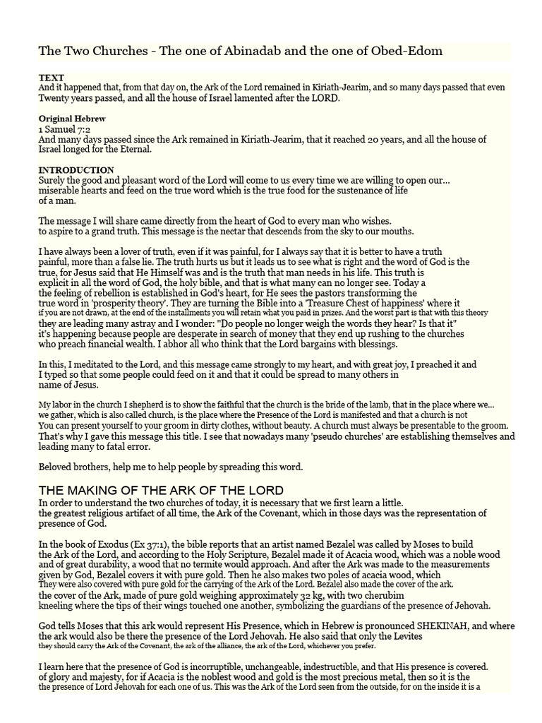 The Two Churches - The one of Abinadab and the one of Obed-Edom | PDF ...