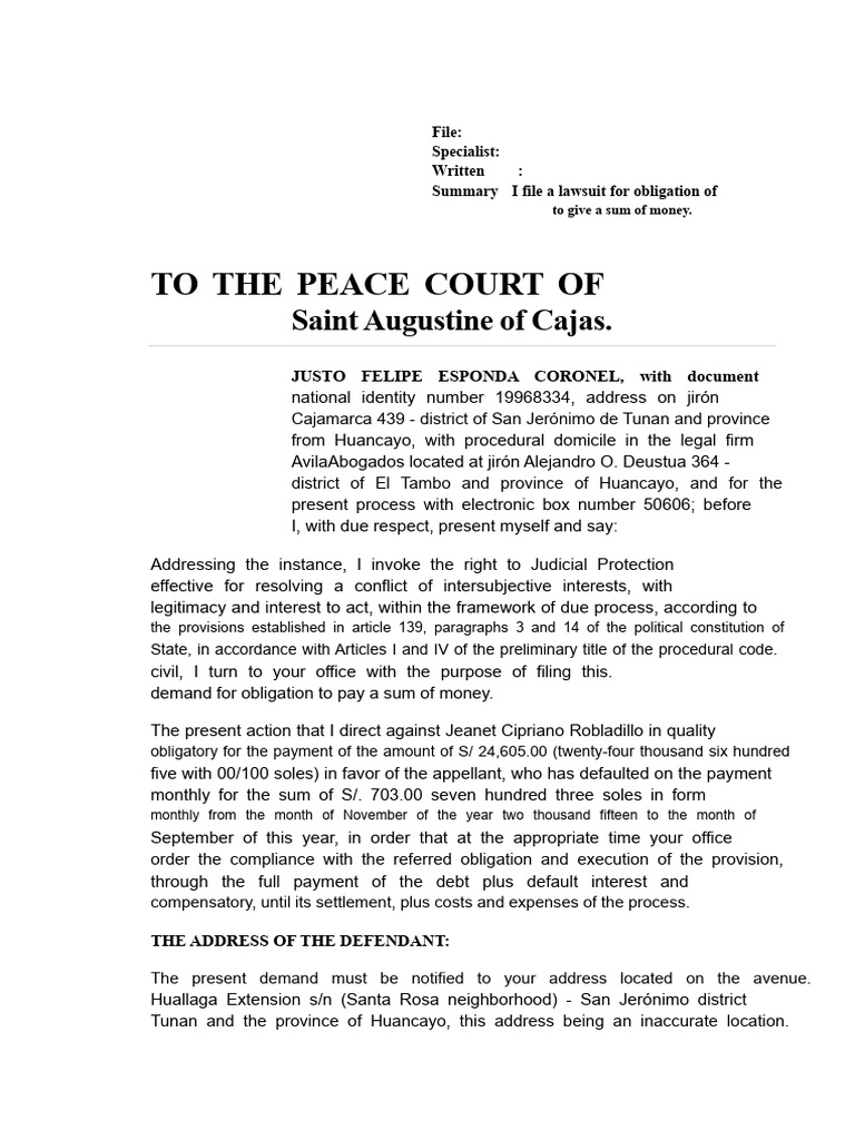 Claim For The Obligation To Pay A Sum of Money | PDF | Debt | Complaint