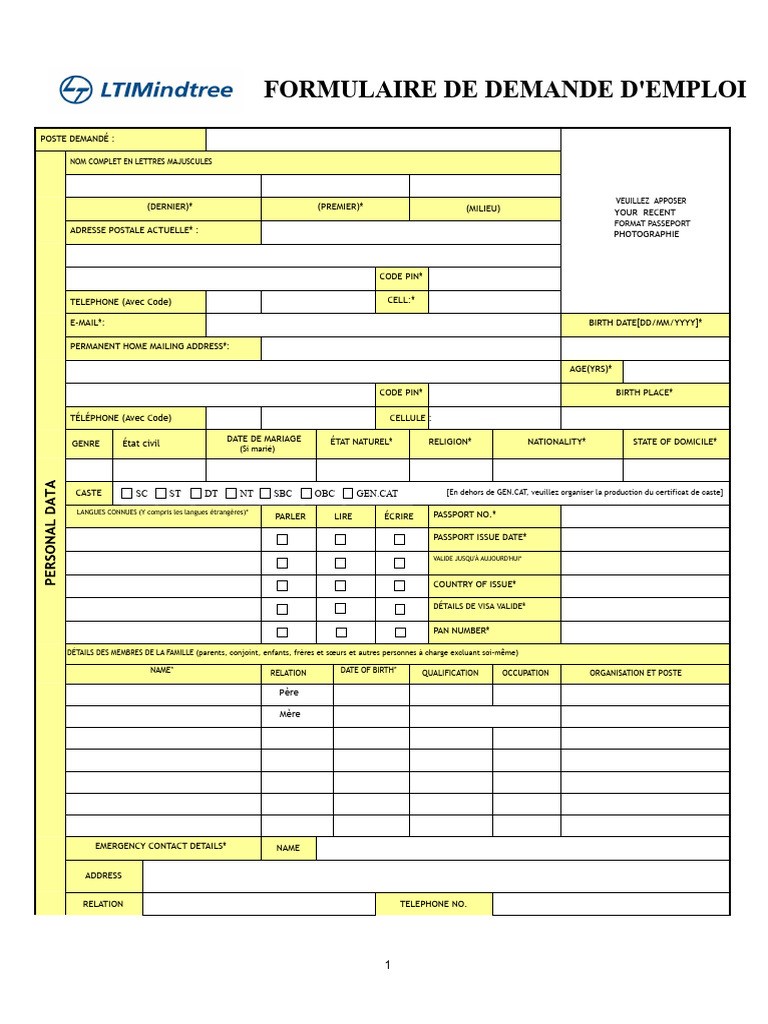 Formulaire de Demande d'Emploi | PDF