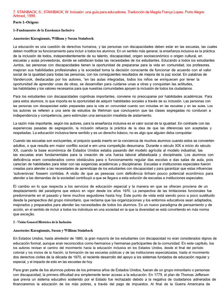 15.1 Stainback, Susan. Inclusión | PDF | Inclusión (Educación) | Enseñando