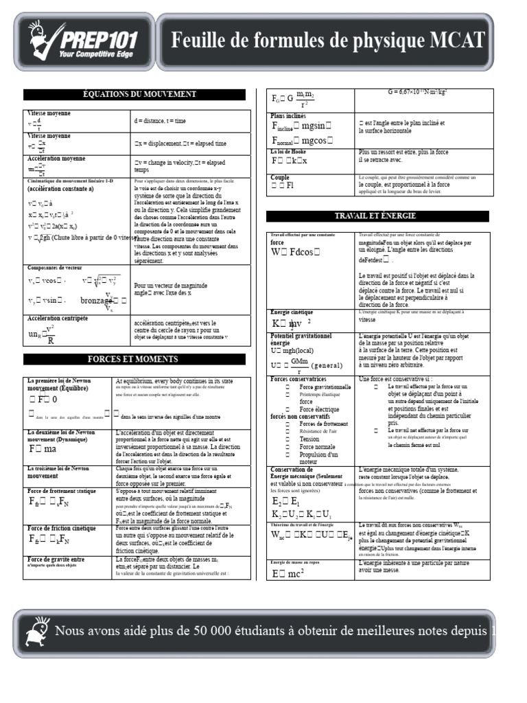 Formules de physique pour le MCAT | PDF | Obliger | Friction