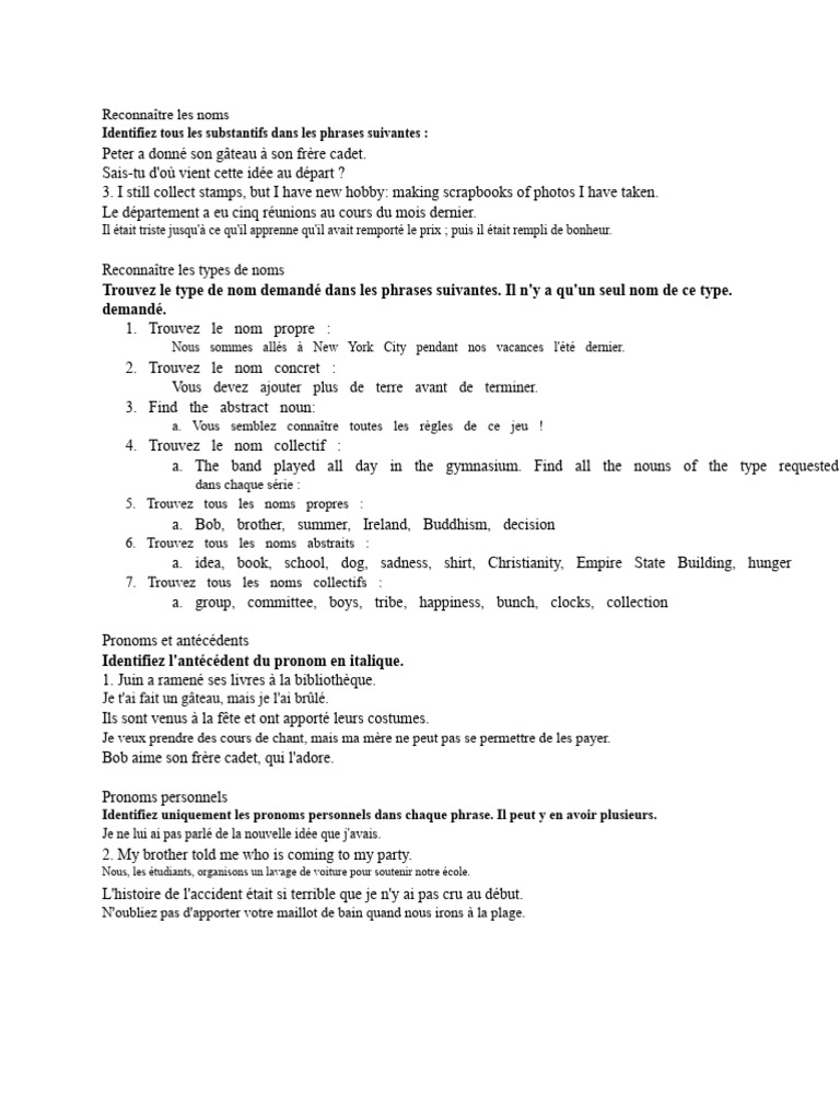 Fiche D'exercices Sur Les Noms Et Les Pronoms | PDF | Pronom ...