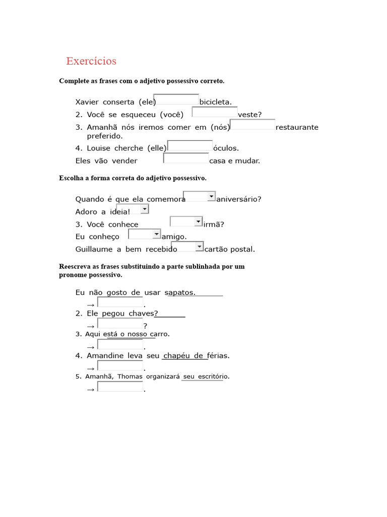Exercícios de Adjetivos Possessivos | PDF