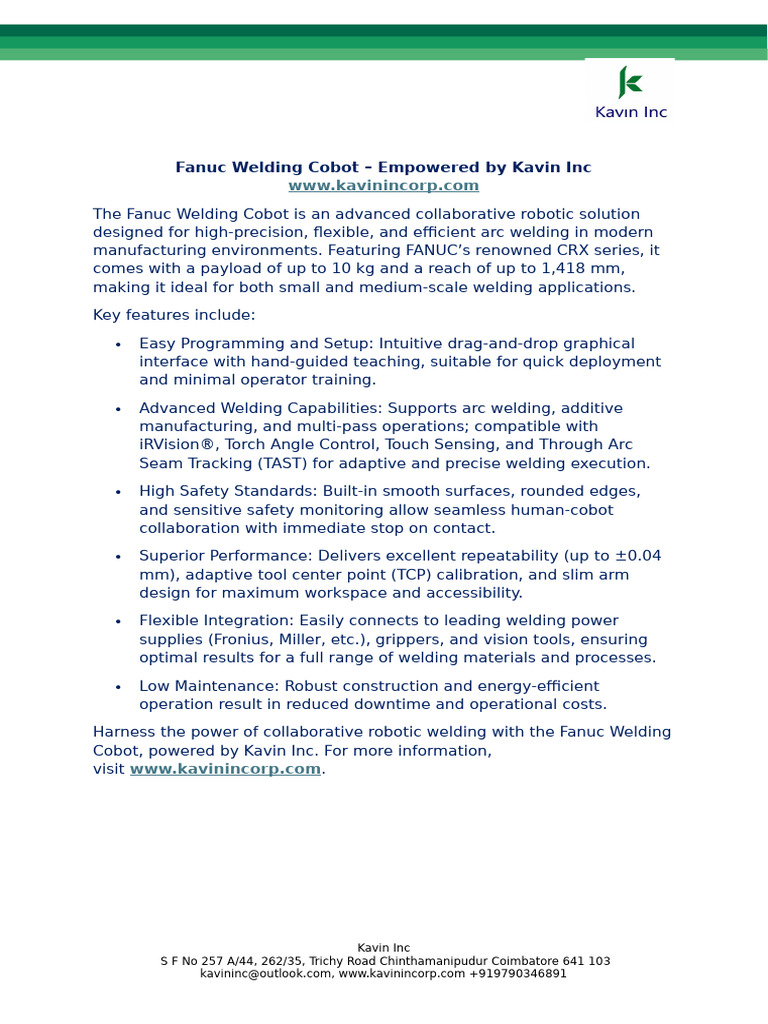 Fanuc Welding Cobot Overview by Kavin Inc | PDF