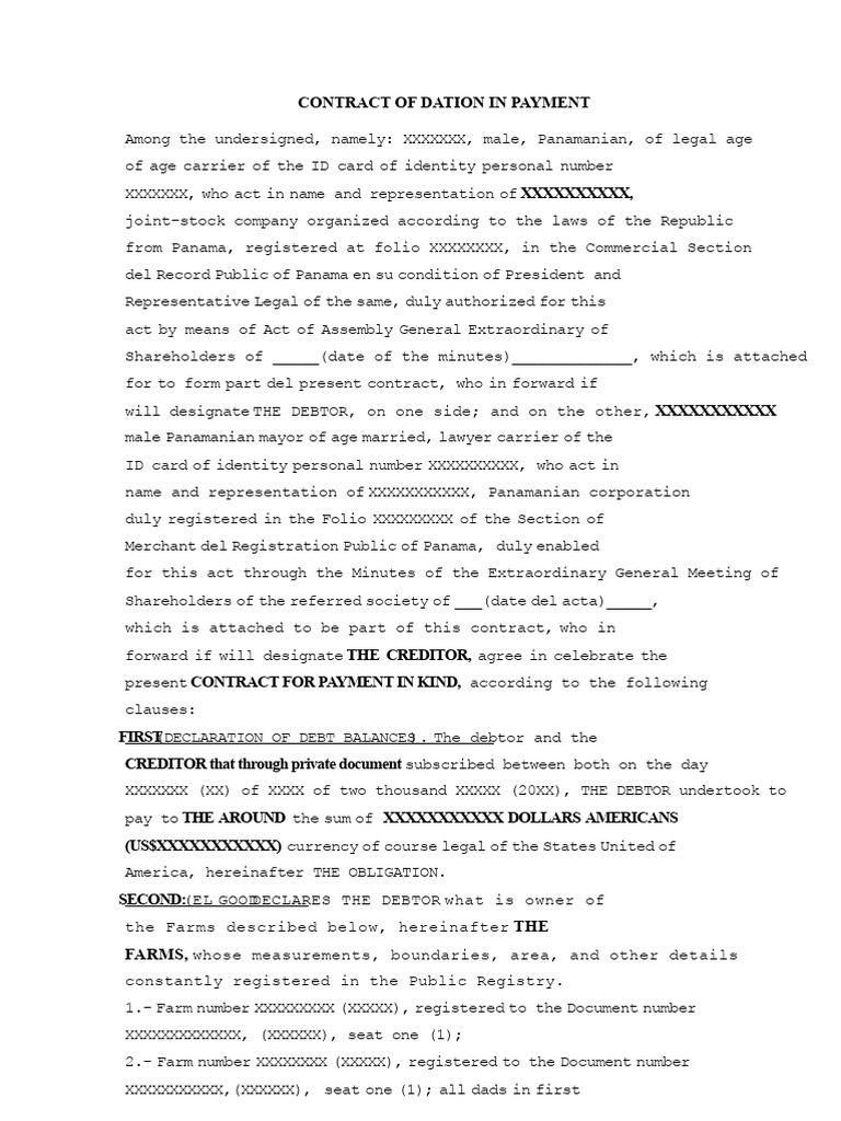 Contract of Payment in Kind MODEL | PDF | Payments | Debtor