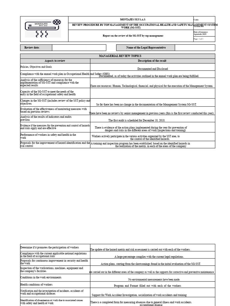 SG-SST Management Review Report 2019 | PDF | Occupational Safety And ...