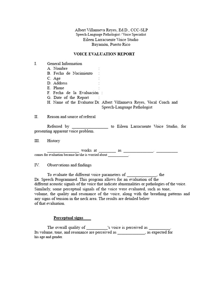 Voice Evaluation Report (Model) | PDF | Human Voice | Clinical Medicine