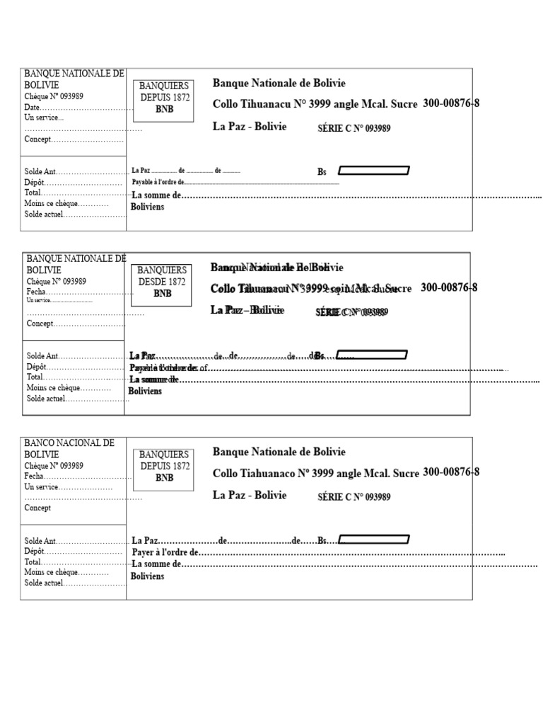 Chèque Banque Nationale de Bolivie | PDF | Chèque | Banques