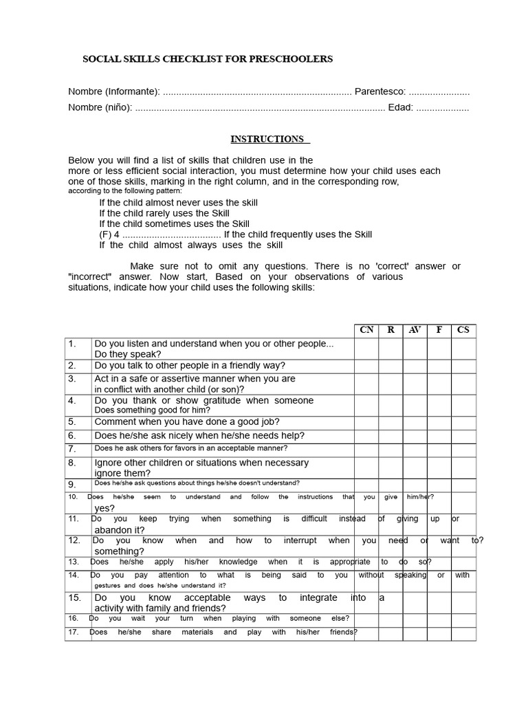 Preschool Social Skills Checklist | PDF | Anger | Social Psychology