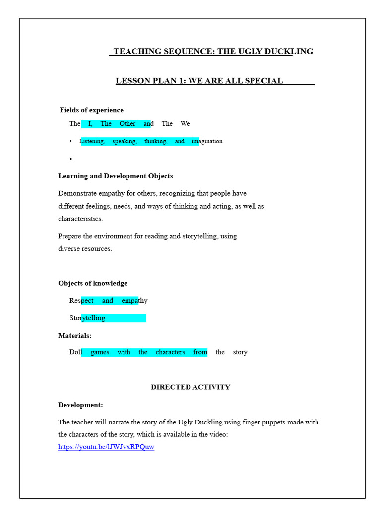 Didactic Sequence The Ugly Duckling | PDF | Storytelling | Lesson Plan